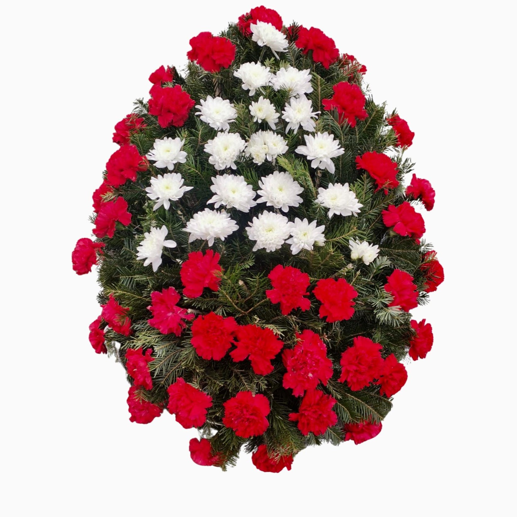 Coroana funerara din garoafe de culoare rosii si crizanteme albe ...